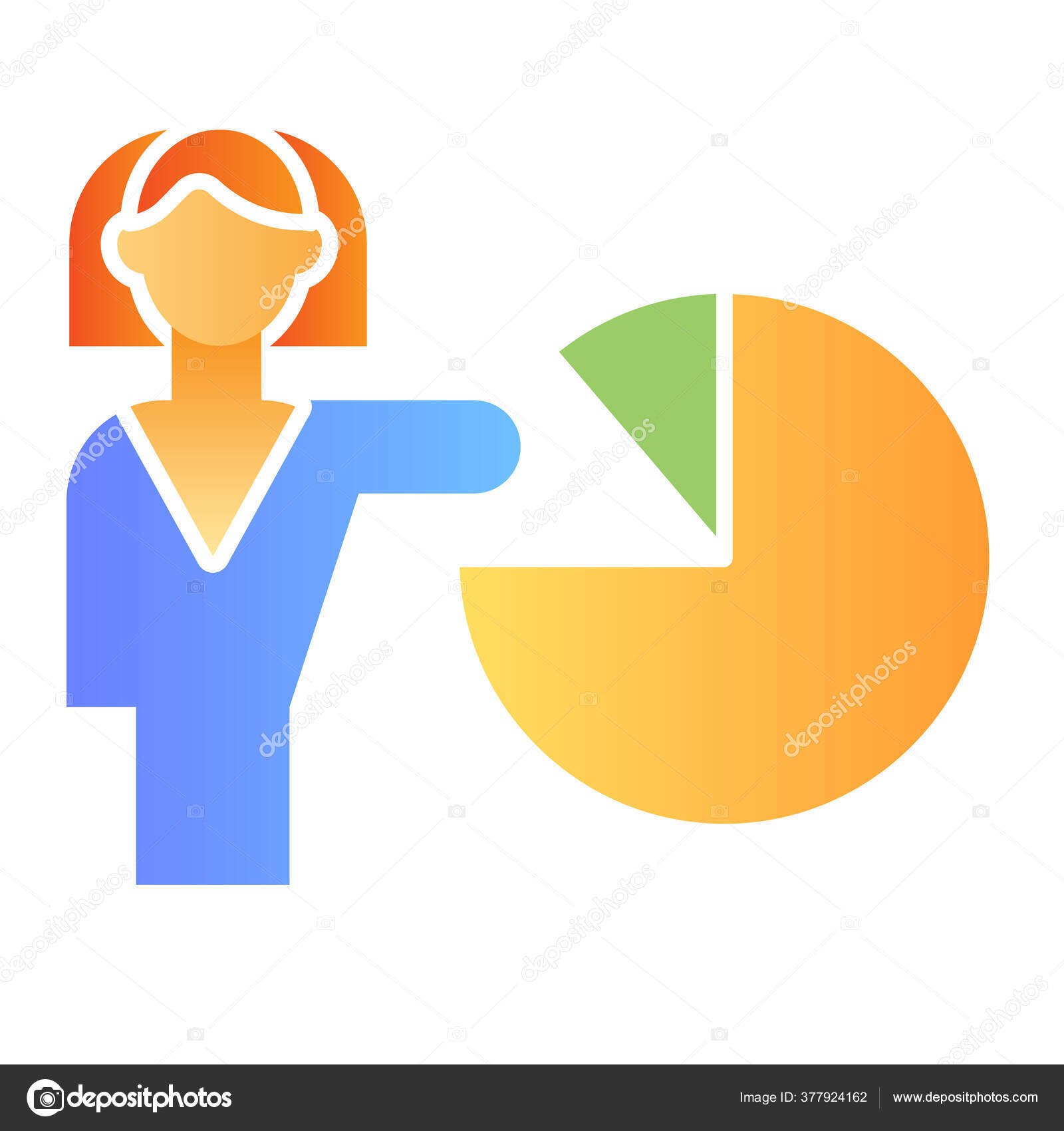 Woman pointing at chart flat icon. Pie graph color icons in trendy flat ...