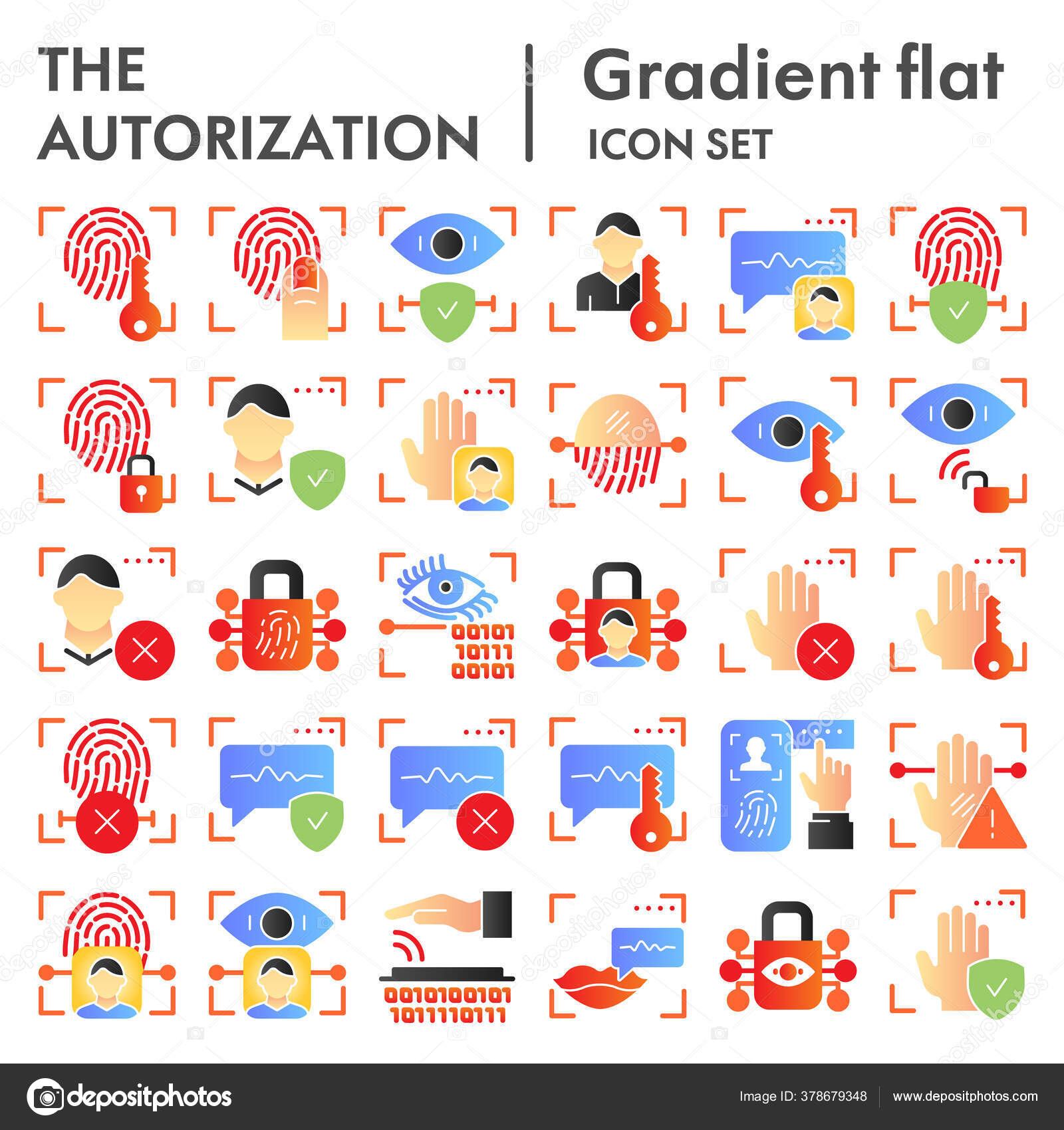 Security authorization flat icon set, identification scanner symbols ...