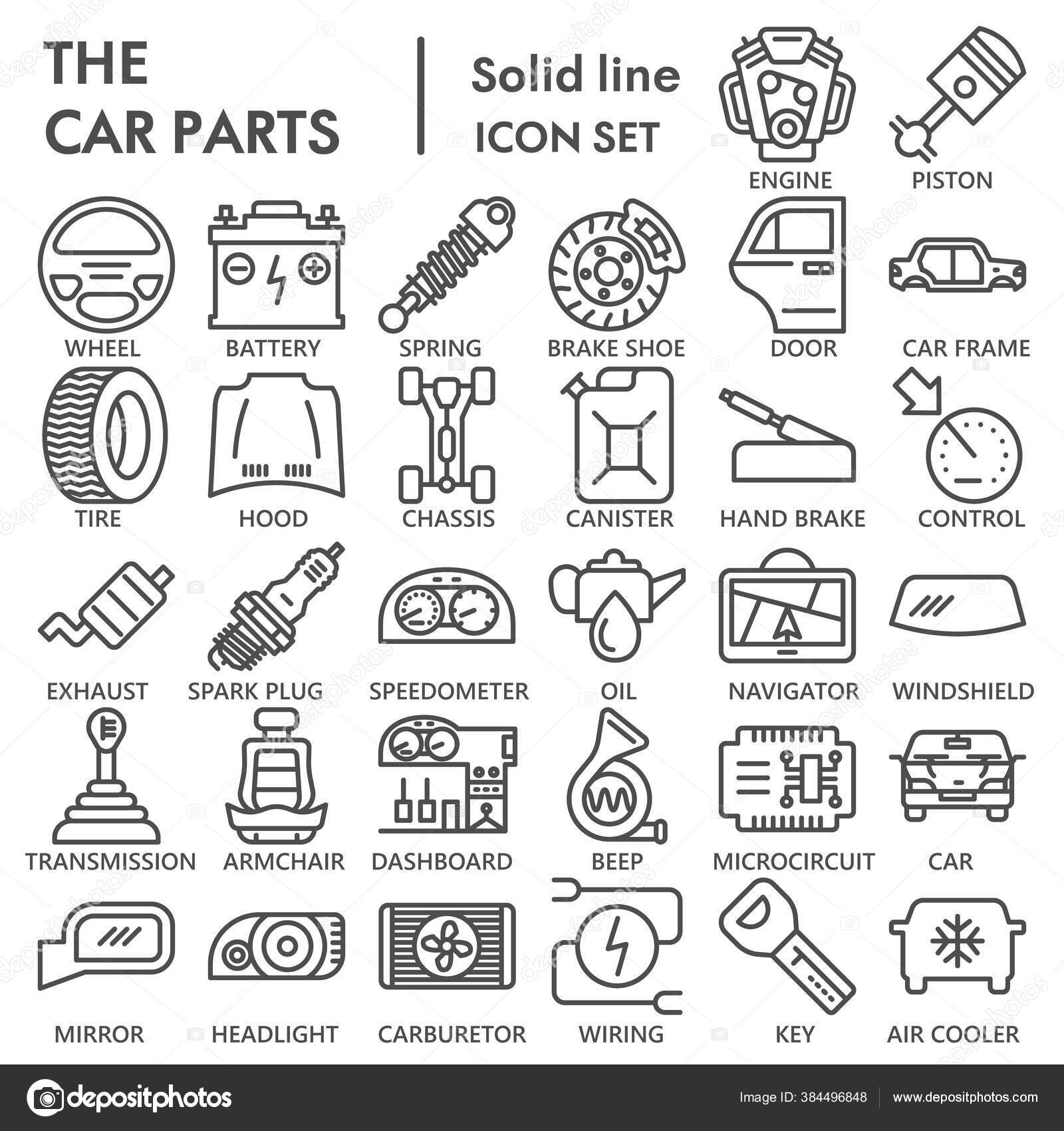 Car parts line icon set, vehicle part symbols collection or sketches ...