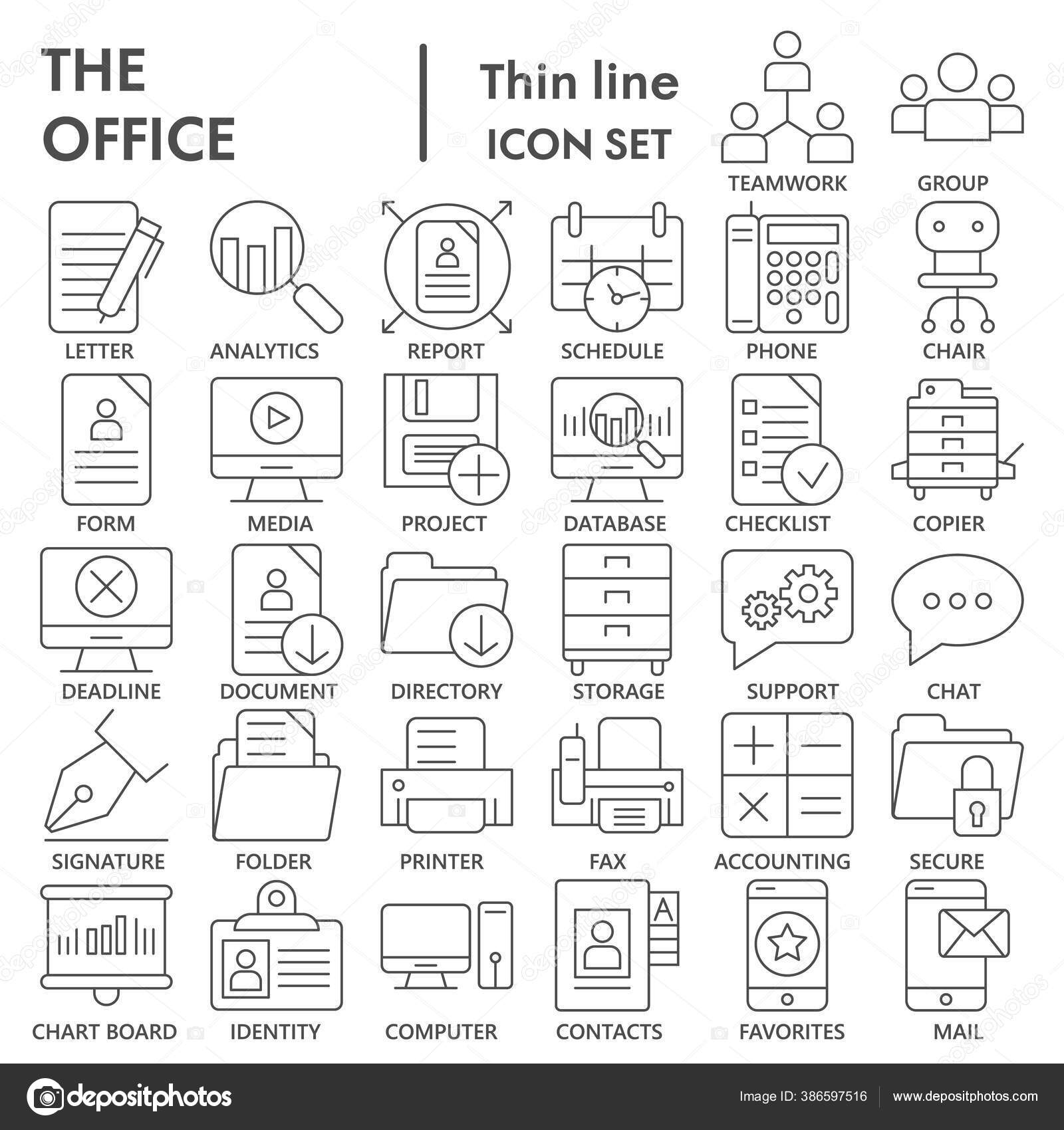 Office thin line SIGNED icon set, workspace symbols collection, vector ...
