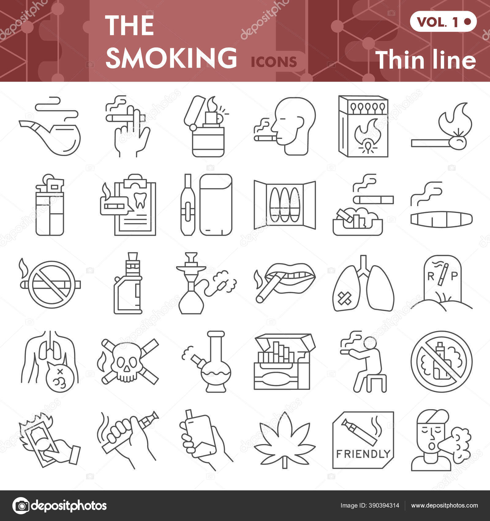 Smoking thin line icon set, smoke symbols collection or sketches ...