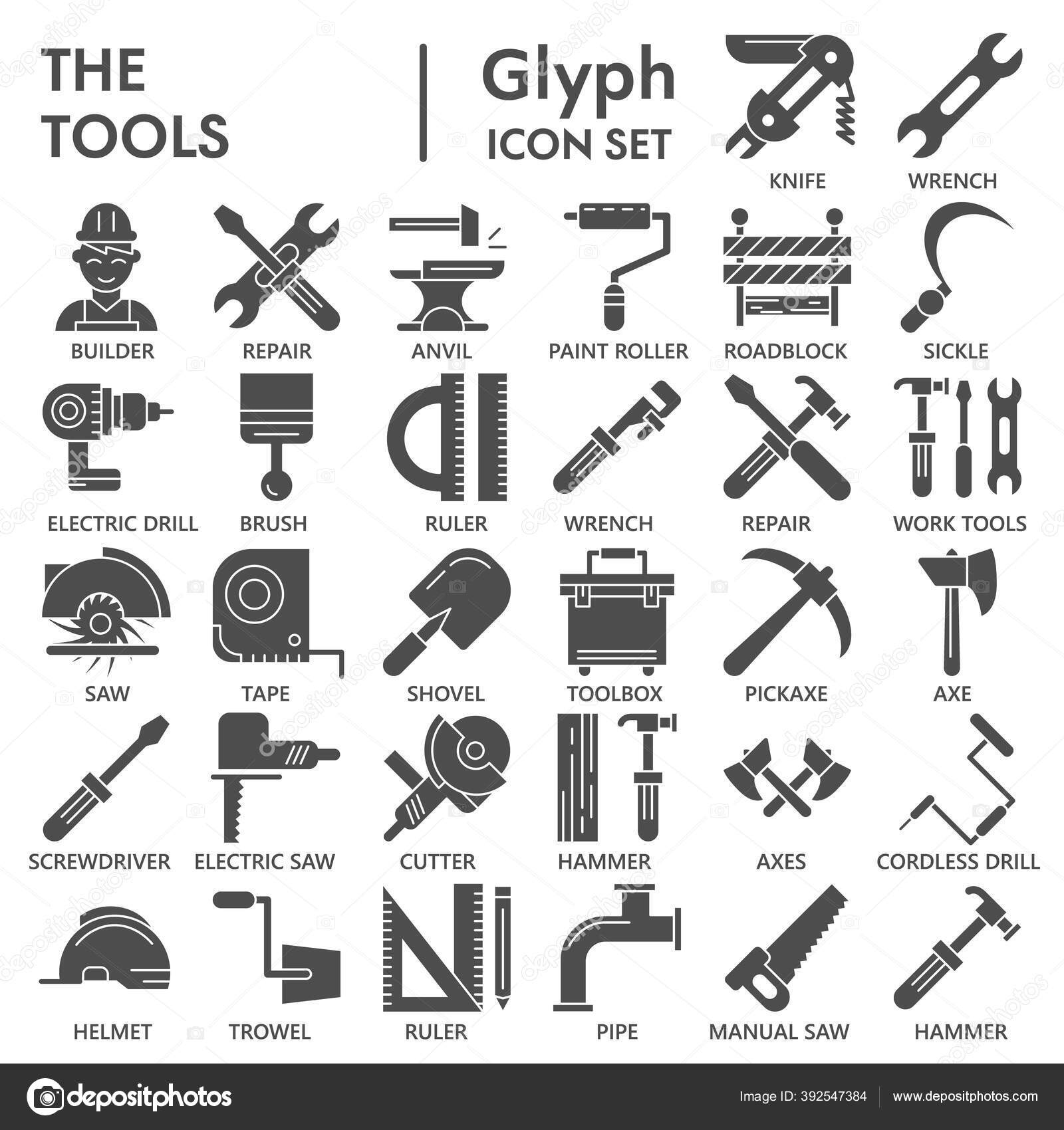 Tools solid icon set, repair equipment symbols collection or sketches ...