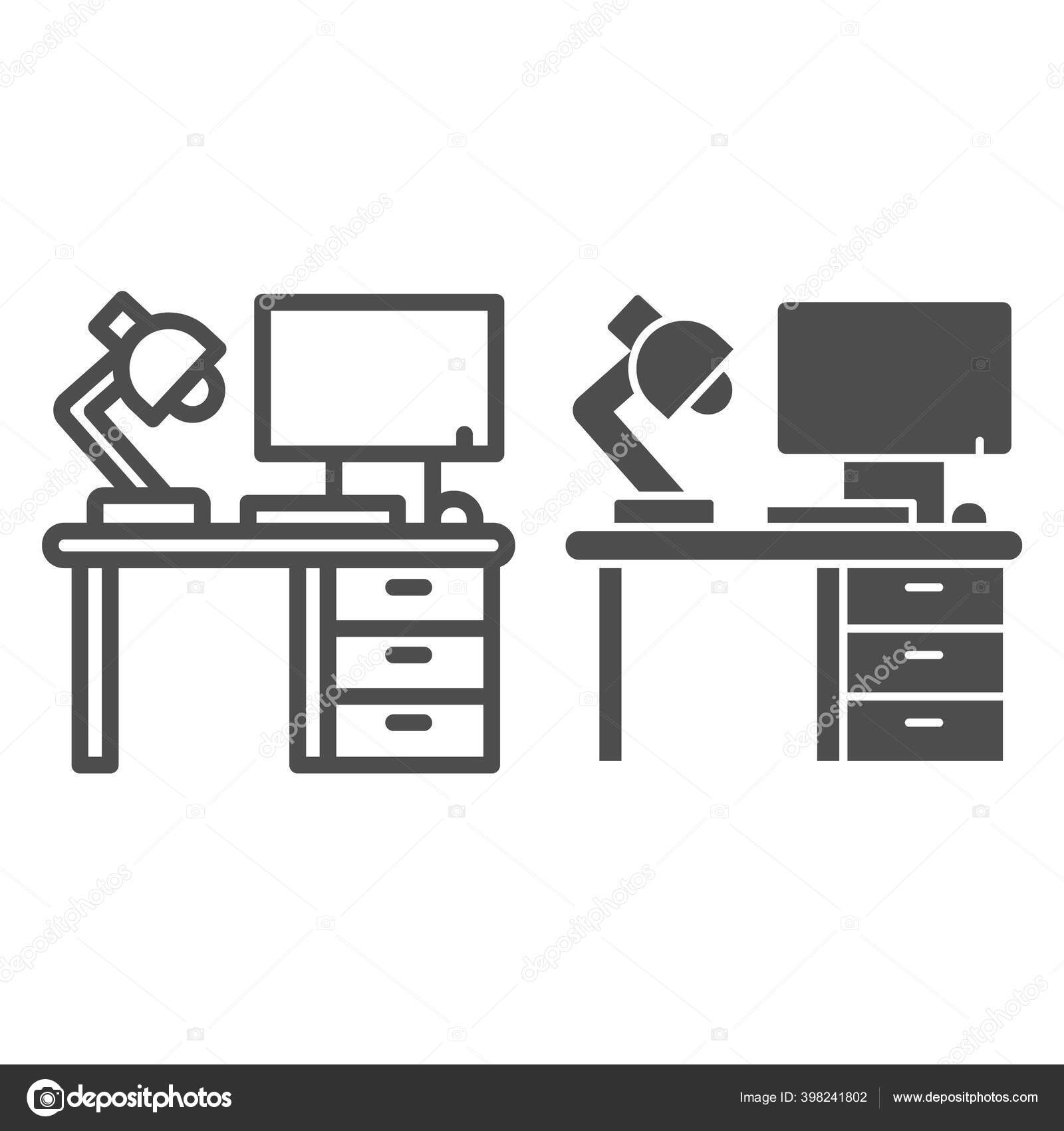 Computer with lamp and desk line and solid icon, Coworking concept ...