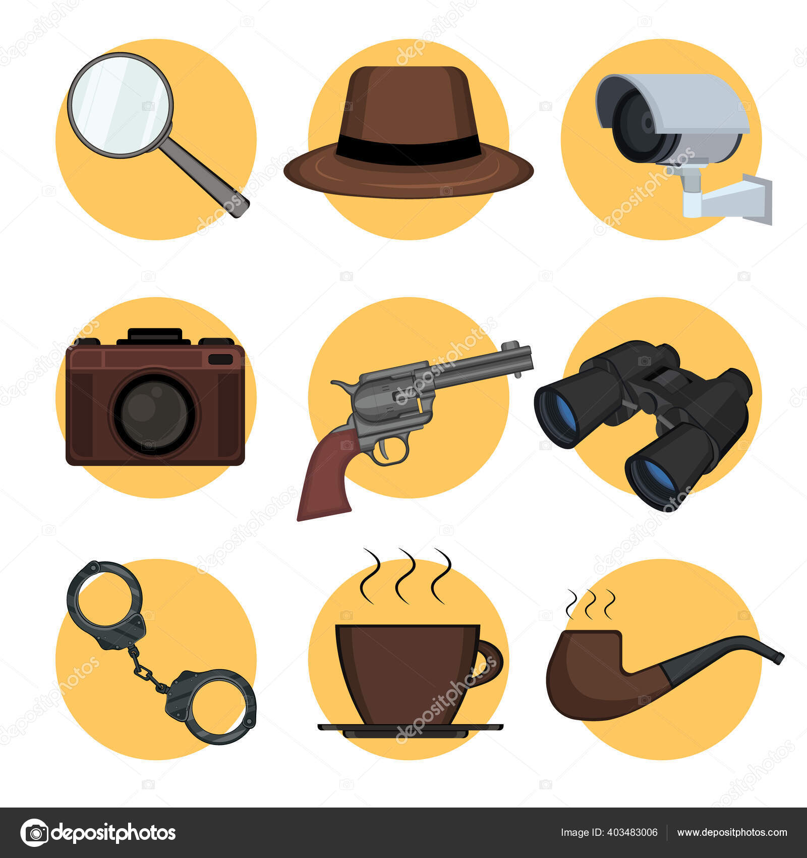 Detective set elements on yellow circles. Kit includes magnifying glass ...
