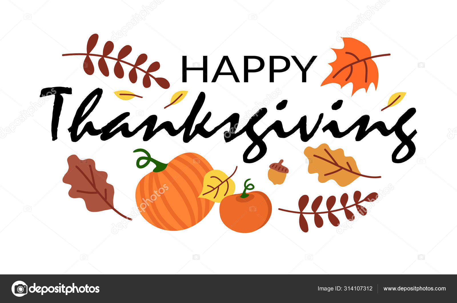 Hand drawn Happy Thanksgiving lettering typography with colorful autumn ...