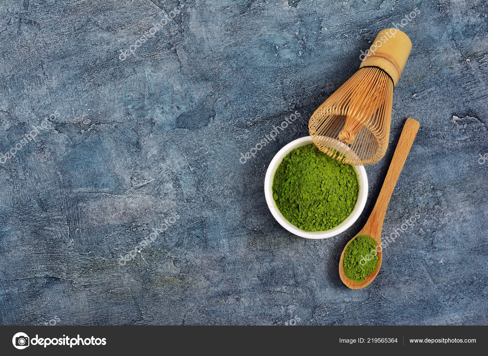 Top View Organic Green Matcha Teapowder White Bowl Blue Concrete Stock ...