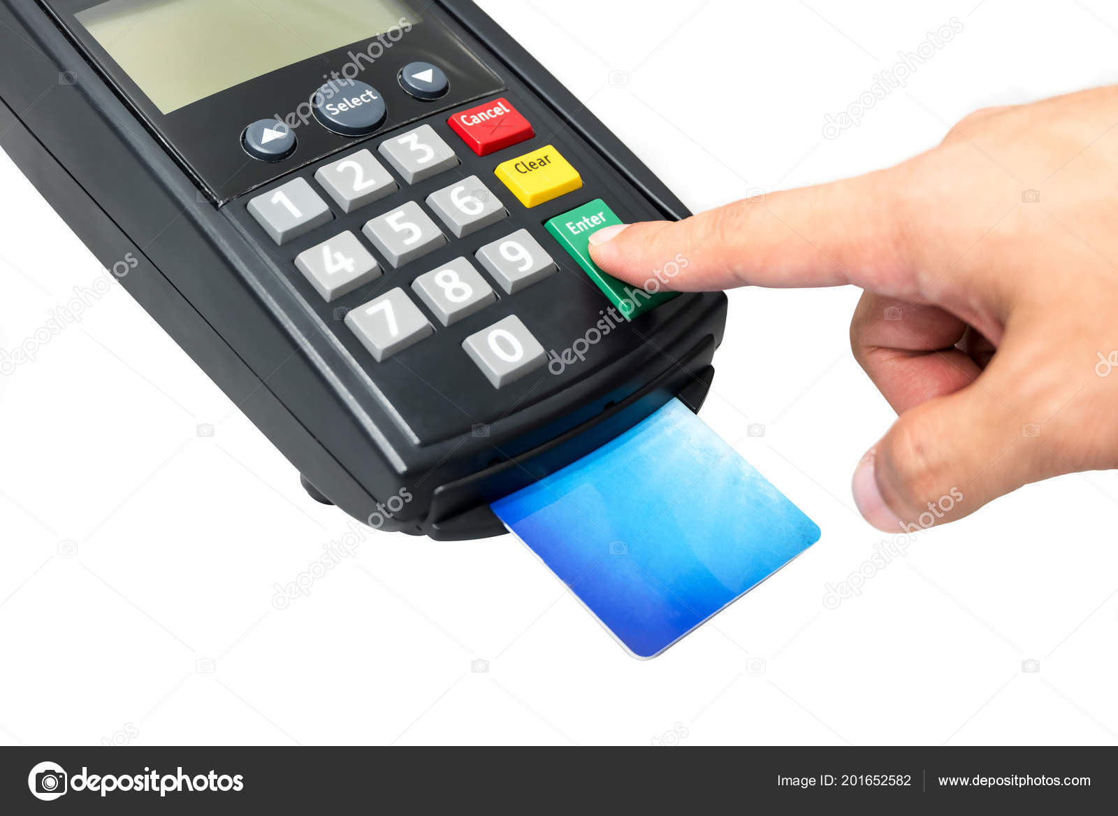 Man Hand Press Enter Button Credit Card Machine Making Payment Stock ...
