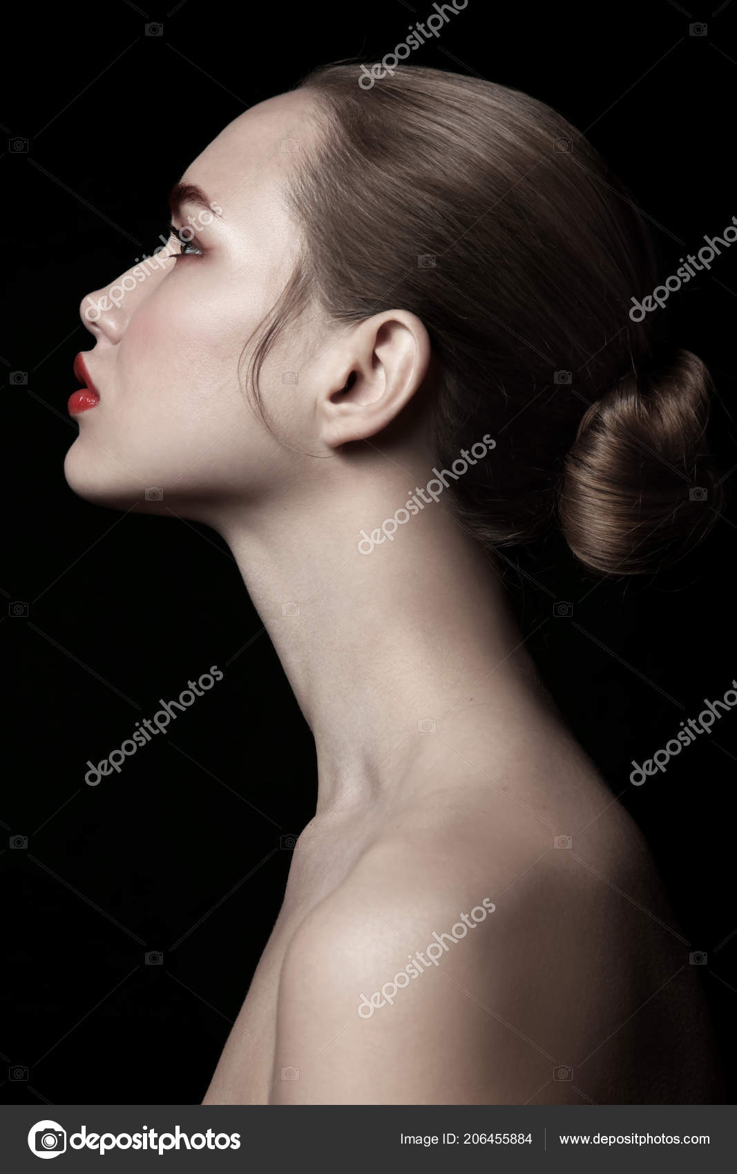 Vintage Style Profile Portrait Young Beautiful Woman Hair Bun — Stock ...