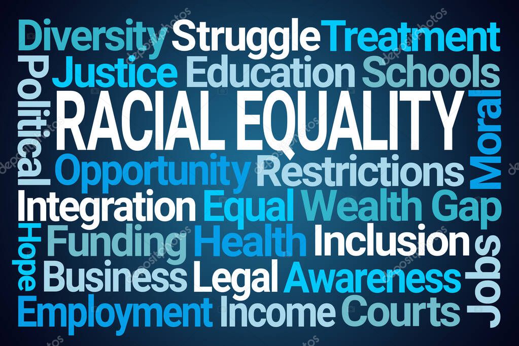 Igualdad racial Word Cloud sobre fondo azul 2022