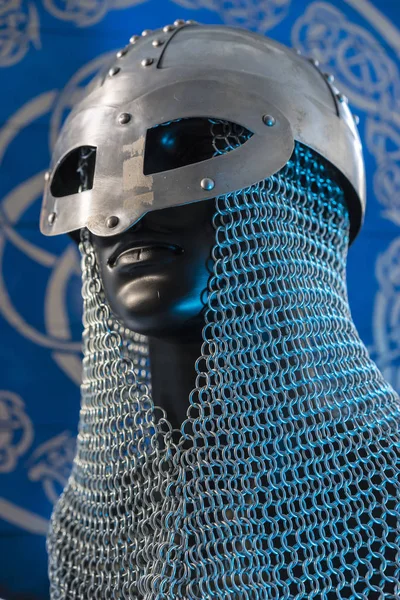 berserker, helmet of viking warrior with mail on coat of arms with ...