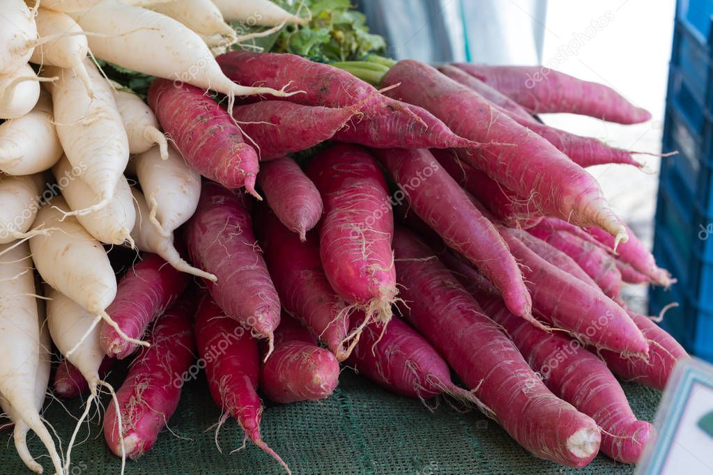 verduras de rábano blanco rojo y negro en un mercado de alimentos en ...