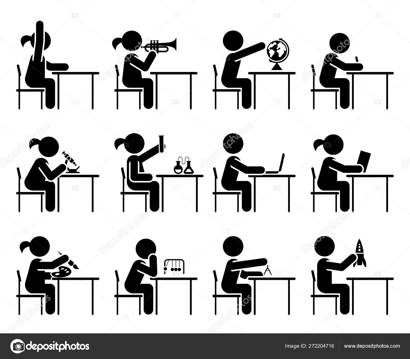 Students in school attending classes. Pictogram icon set. Stock Vector ...