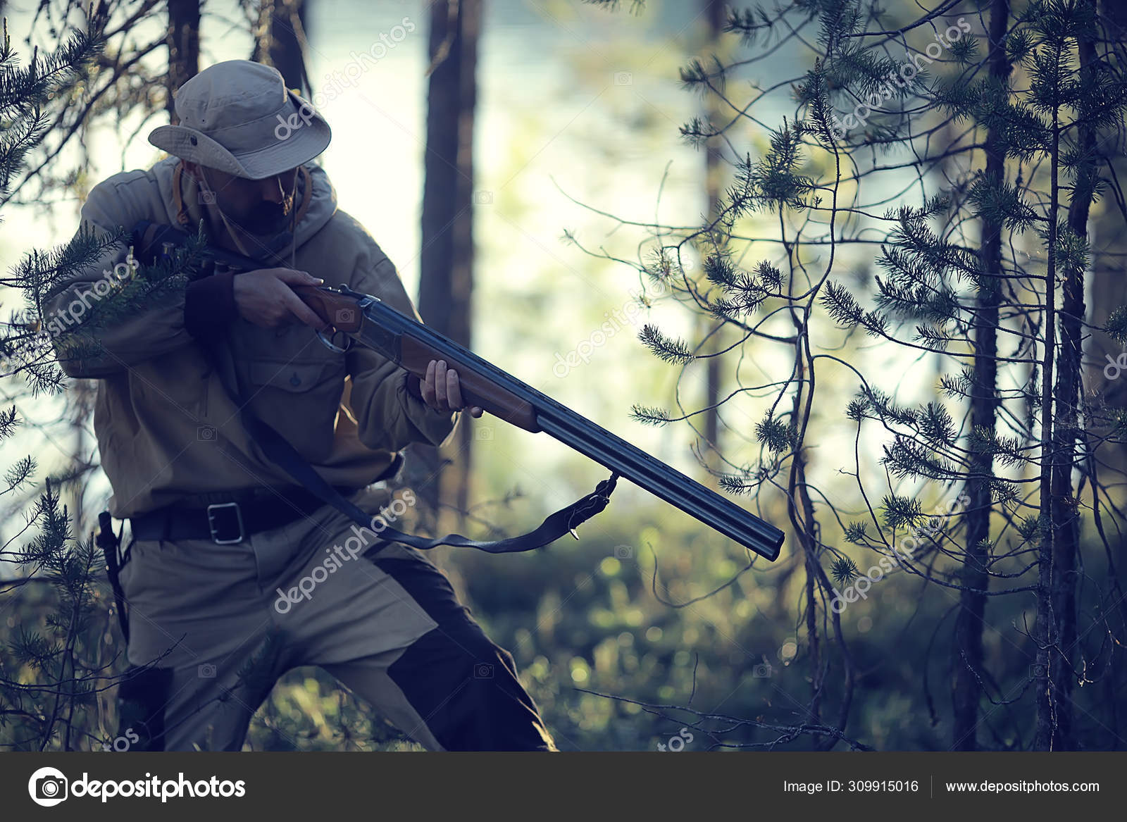 Man Goes Hunting Forest Summer Landscape Forest Huntsman Hunting Rifle ...