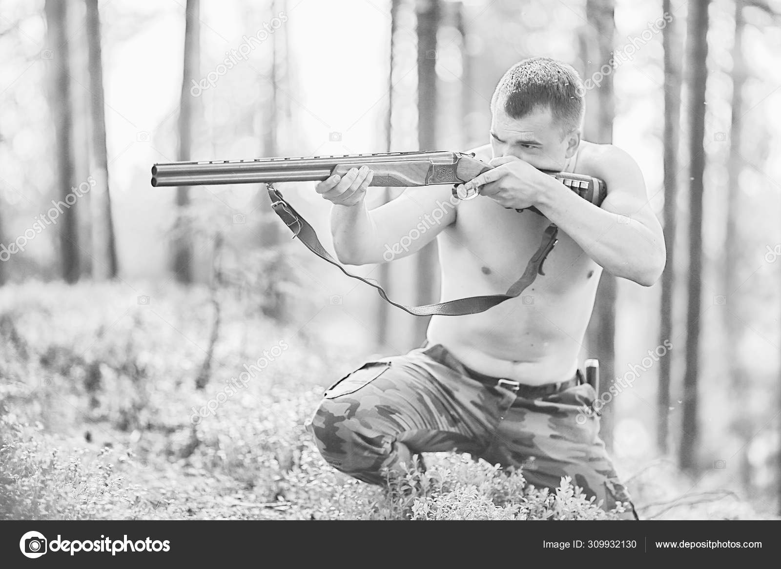 Man Goes Hunting Forest Summer Landscape Forest Huntsman Hunting Rifle ...