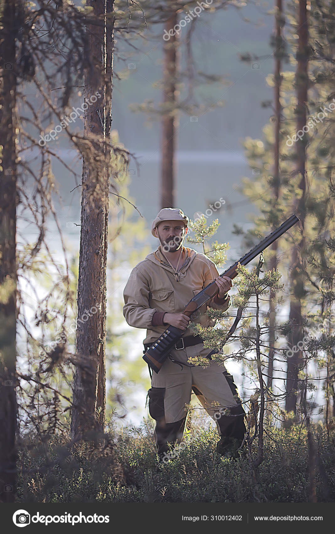 Man Goes Hunting Forest Summer Landscape Forest Huntsman Hunting Rifle ...