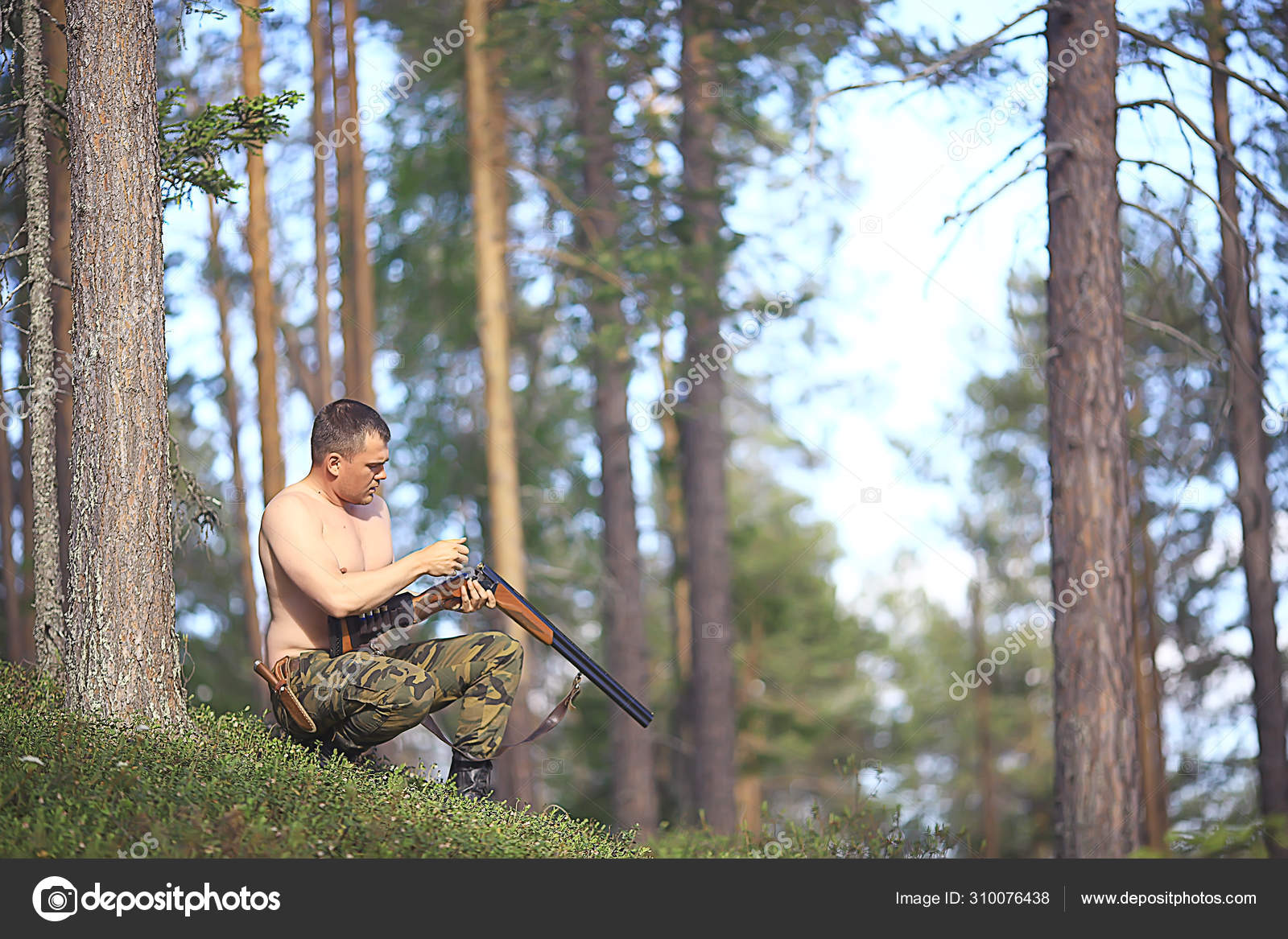 Man Goes Hunting Forest Summer Landscape Forest Huntsman Hunting Rifle ...