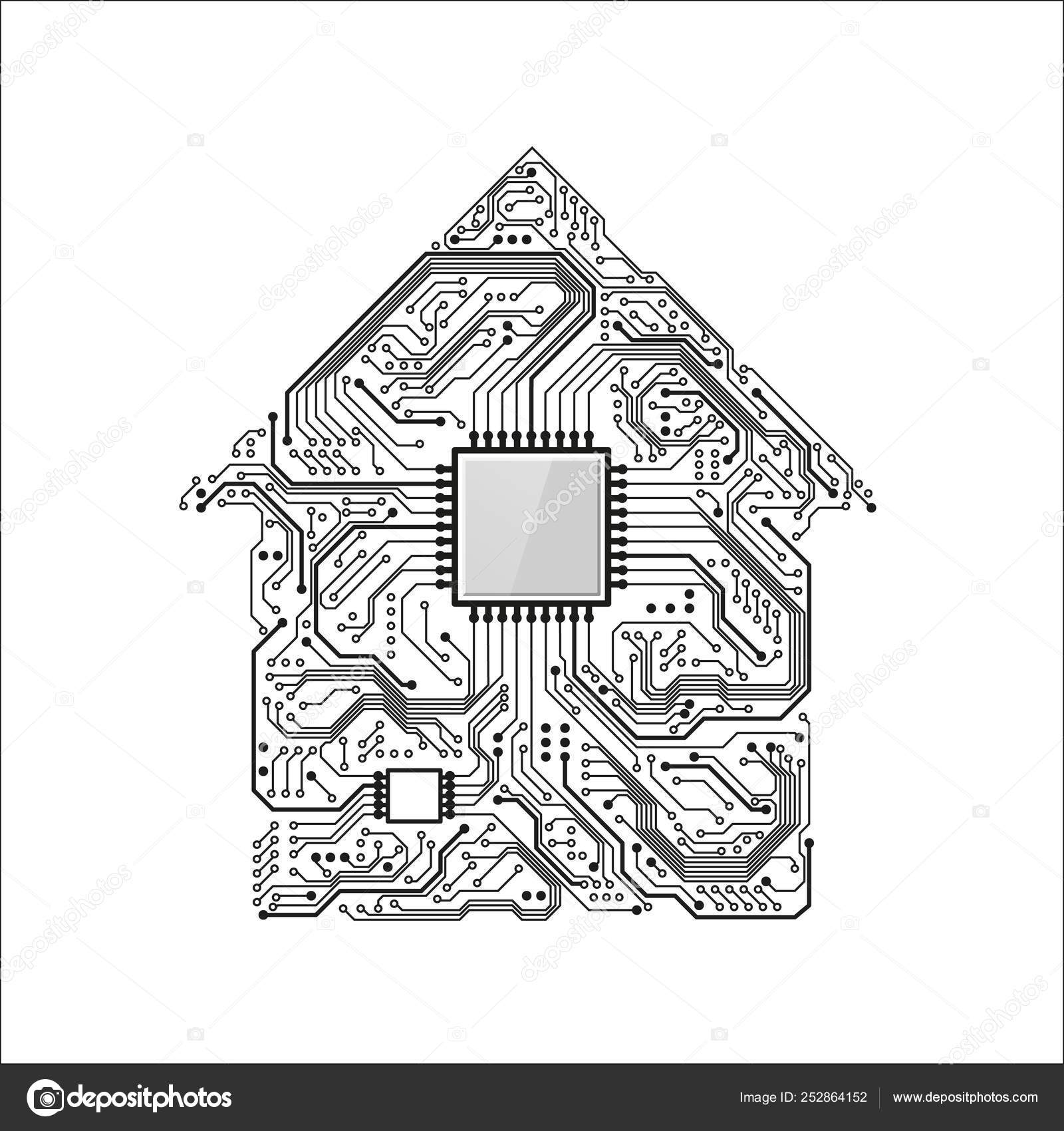 Smart Home Concept. Circuit House with CPU. Future Technology ...