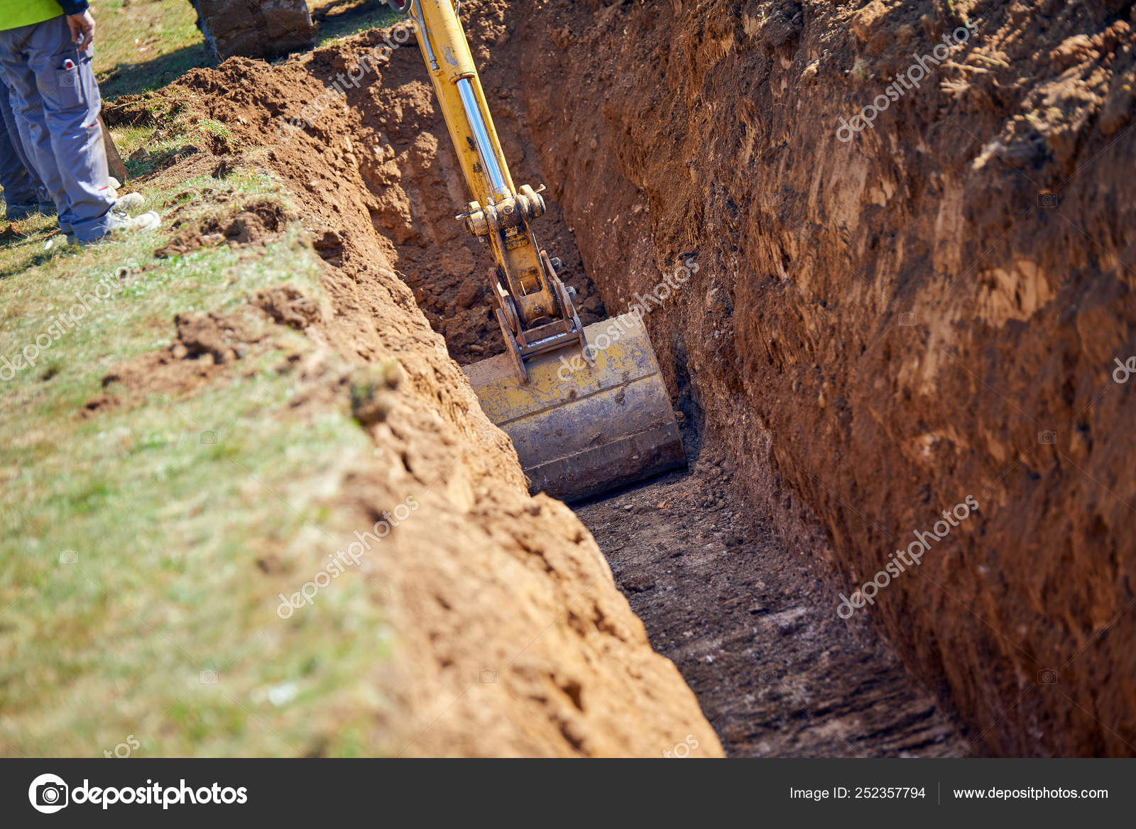 Backhoe Digging Trenchexcavator Digs Foundation Water Pipes Stock Photo ...