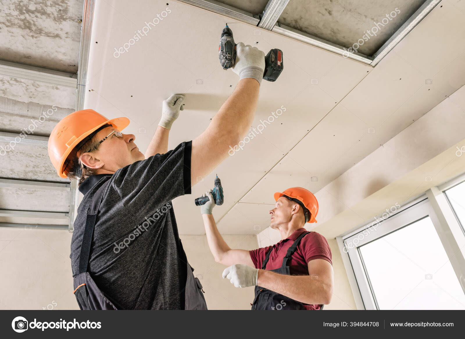 Installation Drywall Workers Using Screws Screwdriver Attach ...