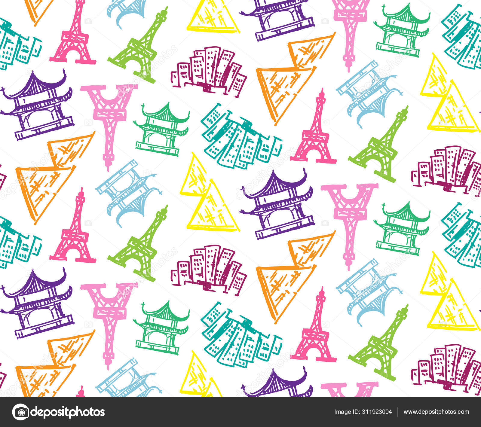 Hand Drawn Doodle Travel Pattern Background Color Wallpaper Sketch ...