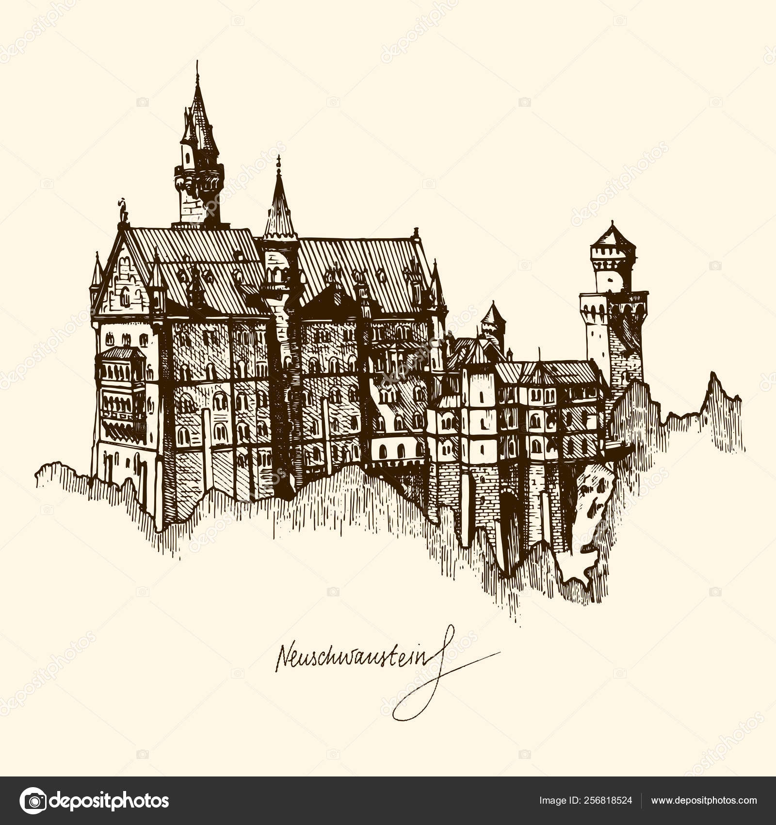 Neuschwanstein Castle sketch. Hand-painted fairy tale castle in Bavaria ...
