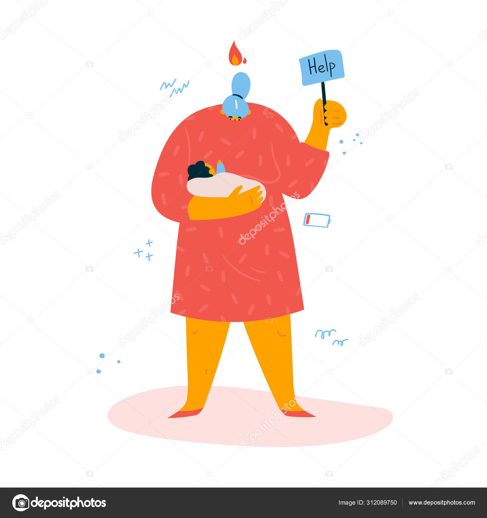Emotional Burnout Woman Standing Sign Help Baby Hands Tired Exasperated ...