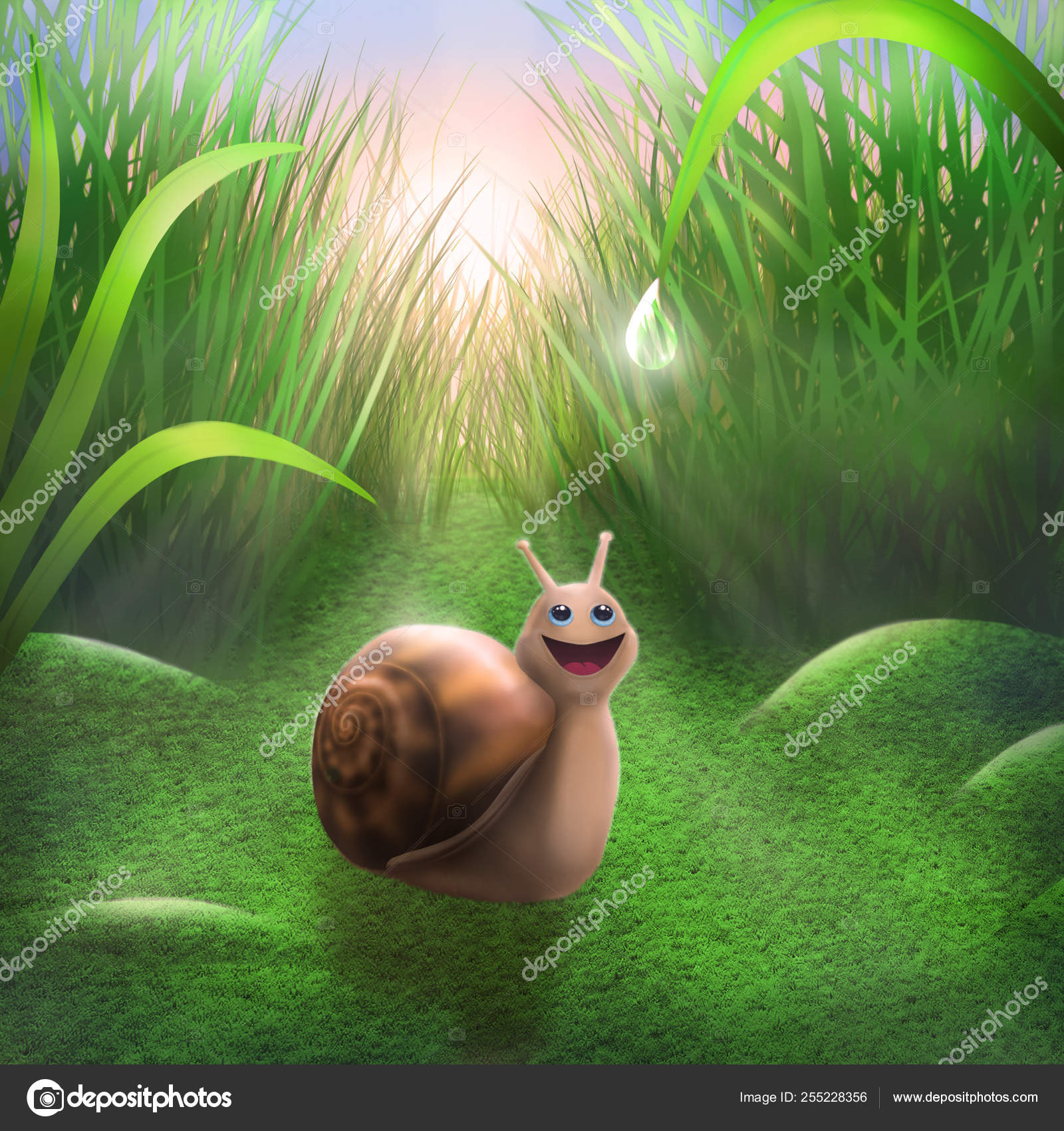 The smiling snail saw a glittering drop of water in the sun at dawn ...