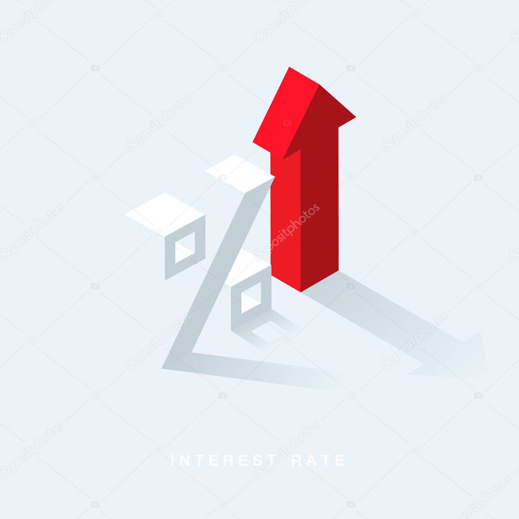 Signo porcentual y símbolo de flecha roja isométrica. Concepto de tipos ...