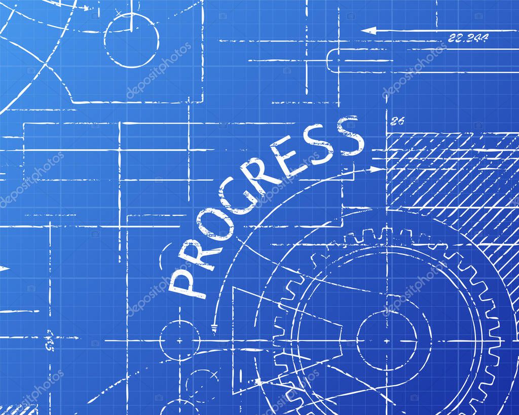 Texto de progreso con ruedas de engranaje dibujado a mano sobre plano ...