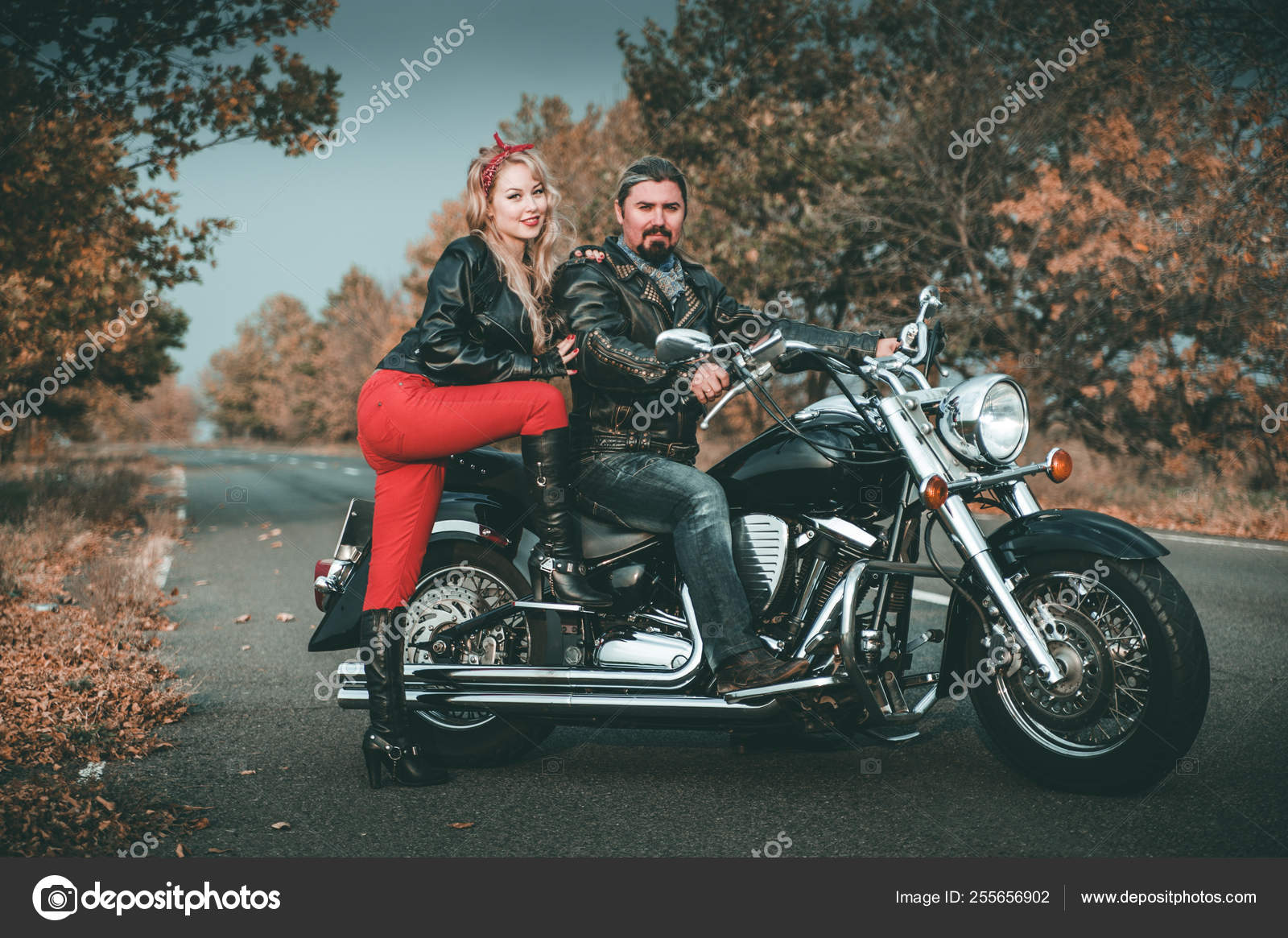 Happy Bikers Posing Motorcycle — Stock Photo © AlenaPhoto #255656902