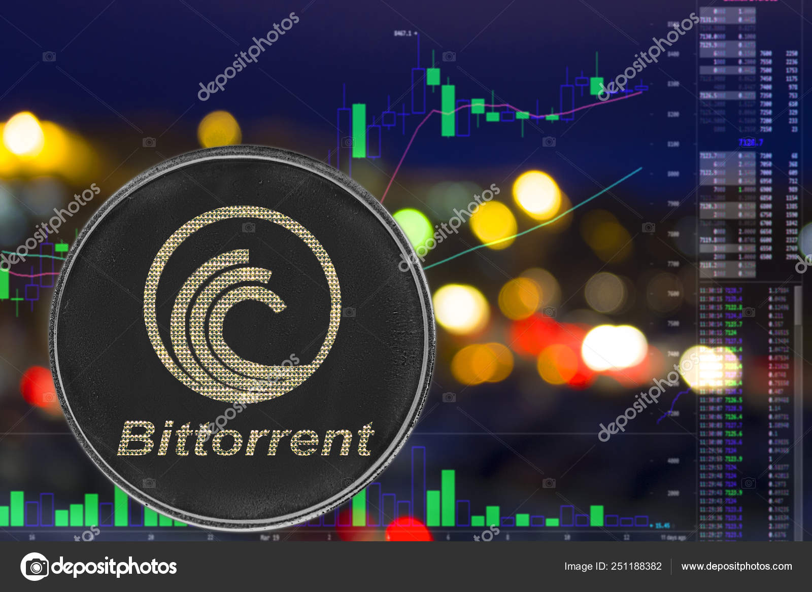 Coin cryptocurrency bittorrent on night city background and chart ...
