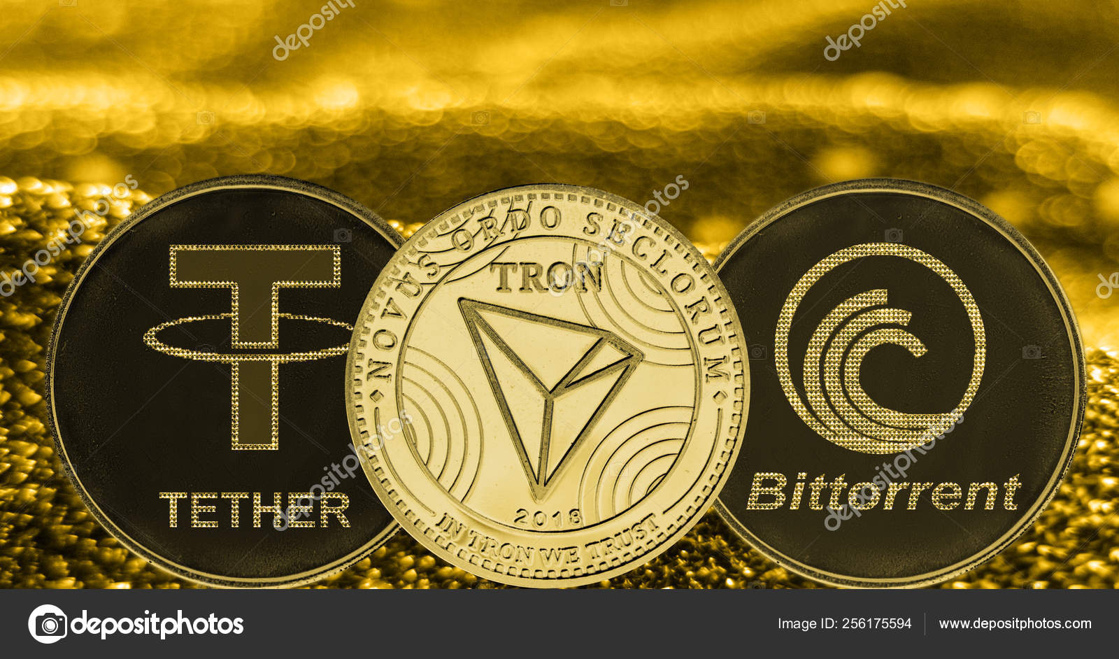 Coins cryptocurrency USDT TRX BTT on golden background. Stock Photo by ...