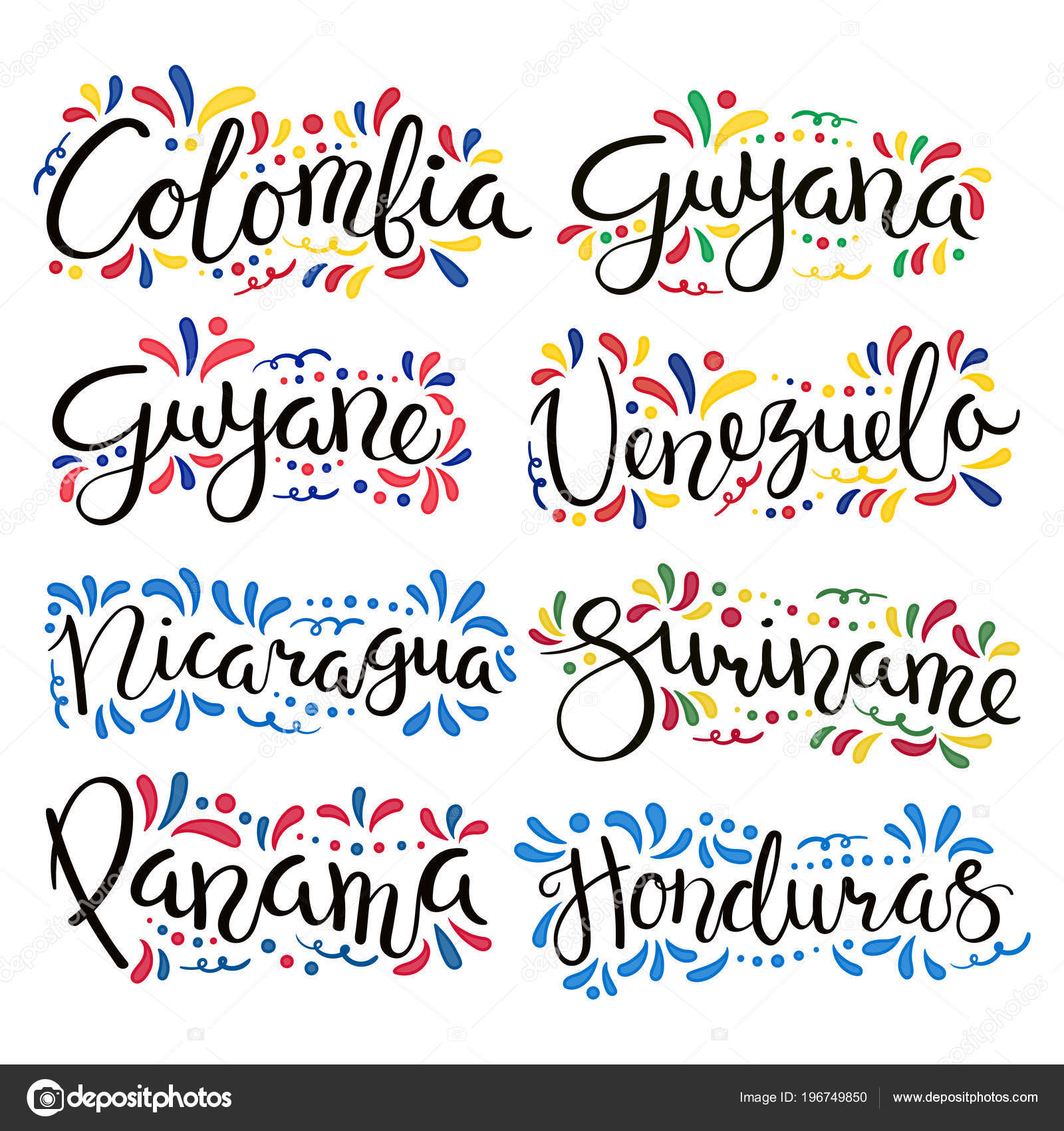 Conjunto Citas Caligráficas Escritas Mano Con Nombres Países ...