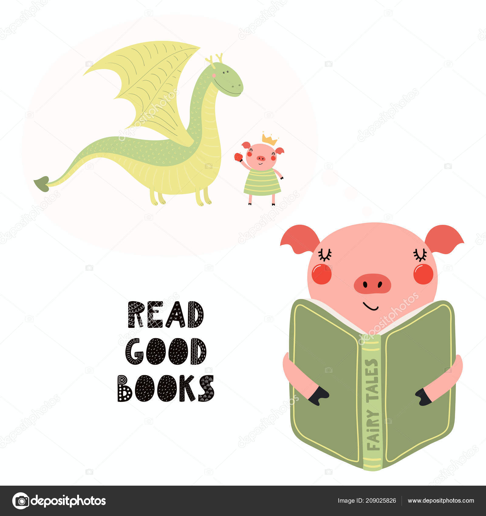 Hand Drawn Vector Illustration Cute Funny Pig Reading Book Quote Stock ...