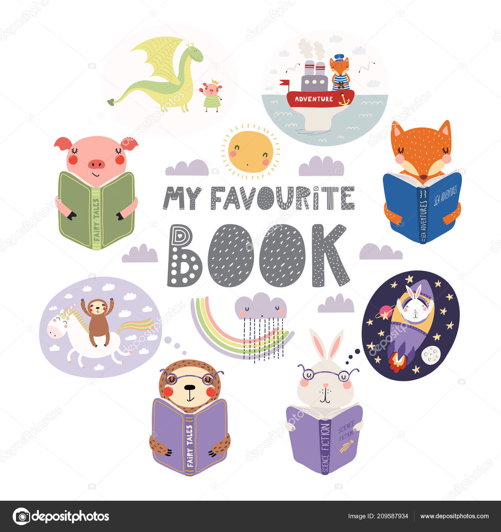 Set Cute Funny Animals Books Quote Favourite Book Isolated Objects ...
