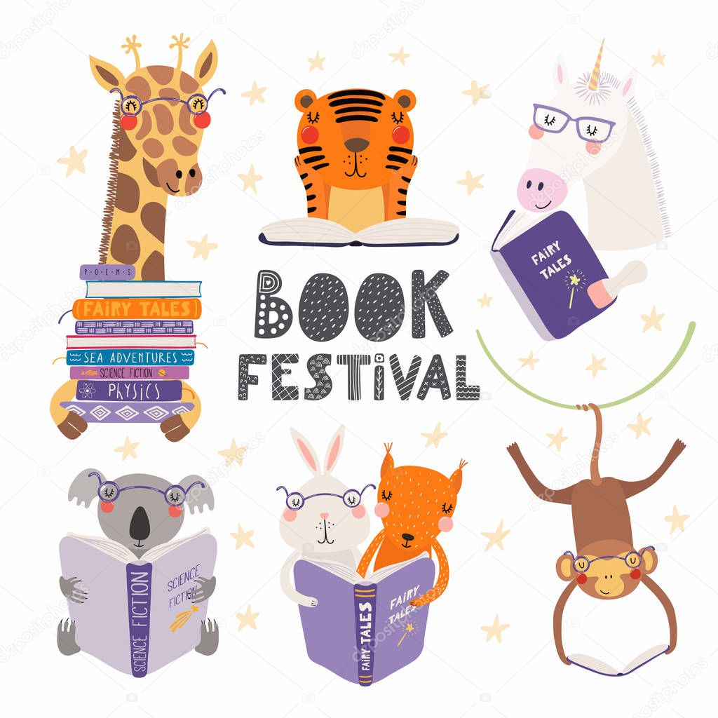 Conjunto de animales divertidos lindos con libros y cita Festival del libro Objetos aislados en ...