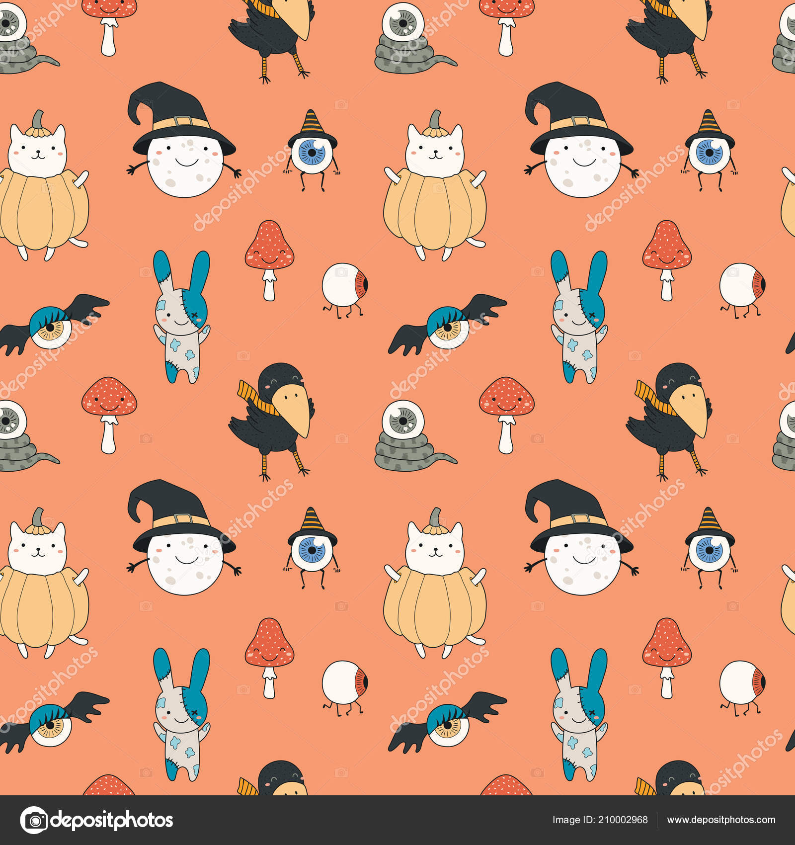 Seamless Repeat Pattern Kawaii Cartoon Characters Red Background Hand ...