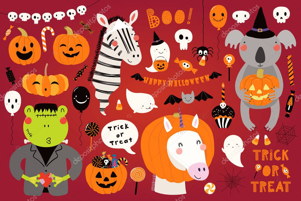 Gran conjunto dibujado a mano de Halloween con animales lindos en trajes, ilustración vectorial ...