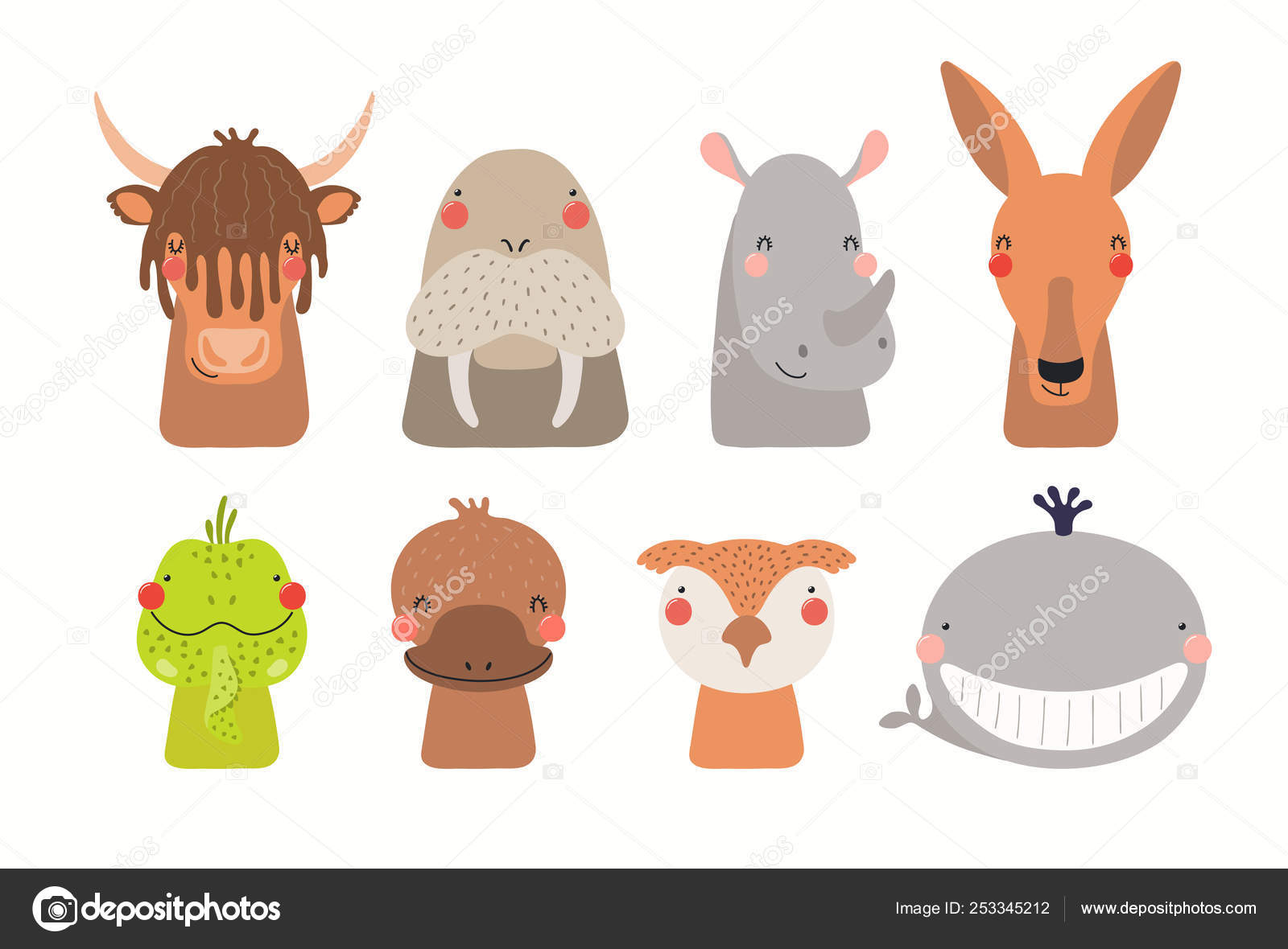 Hand Drawn Vector Illustration Big Set Cute Funny Animals Faces Stock ...