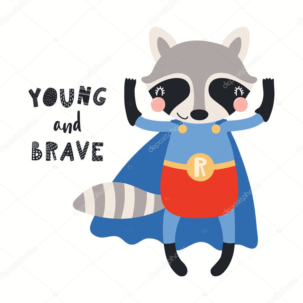 Ilustración vectorial dibujada a mano de un lindo superhéroe mapache ...