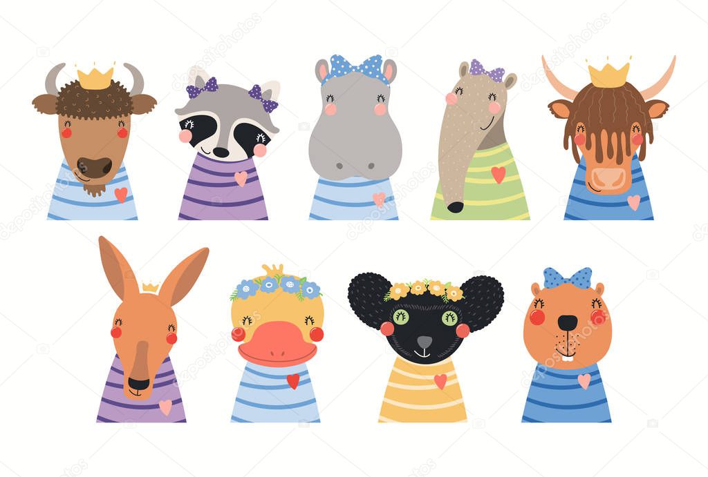 Gran conjunto de animales lindos en camisetas con coronas y cintas con coronas de flores ...