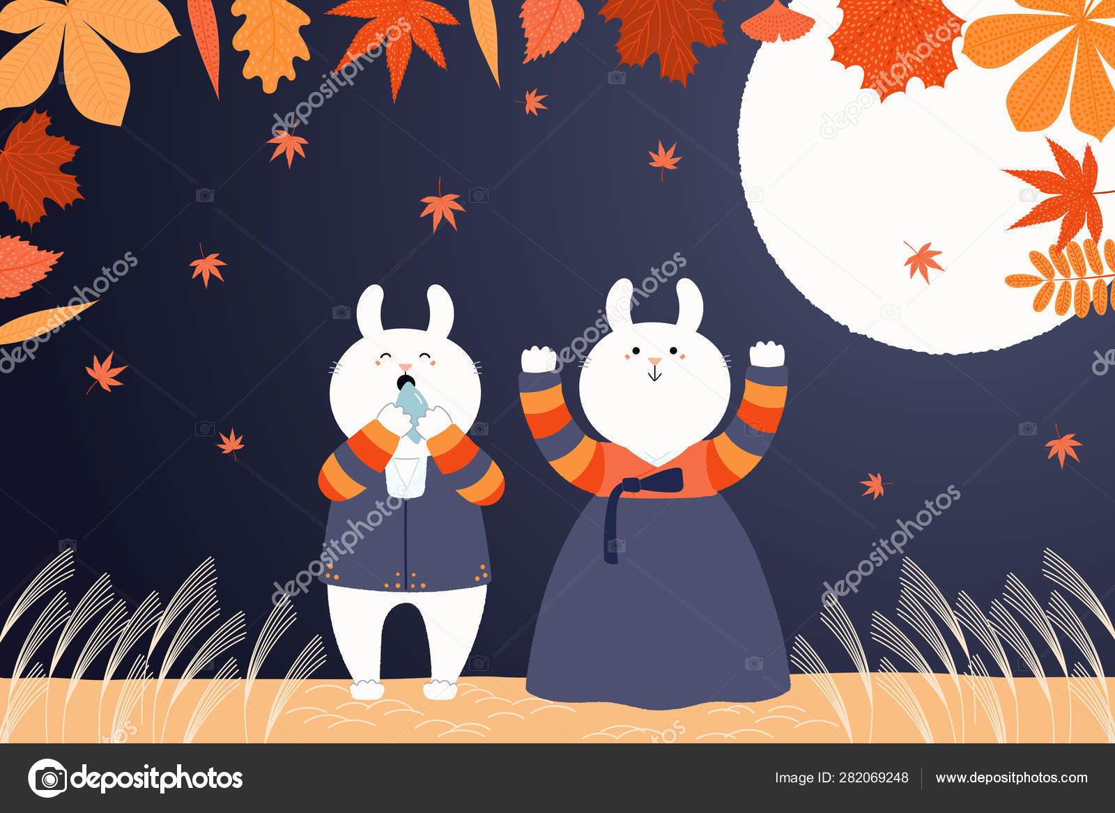 Hand Drawn Vector Illustration Korean Holiday Chuseok Cute Rabbits Boy ...