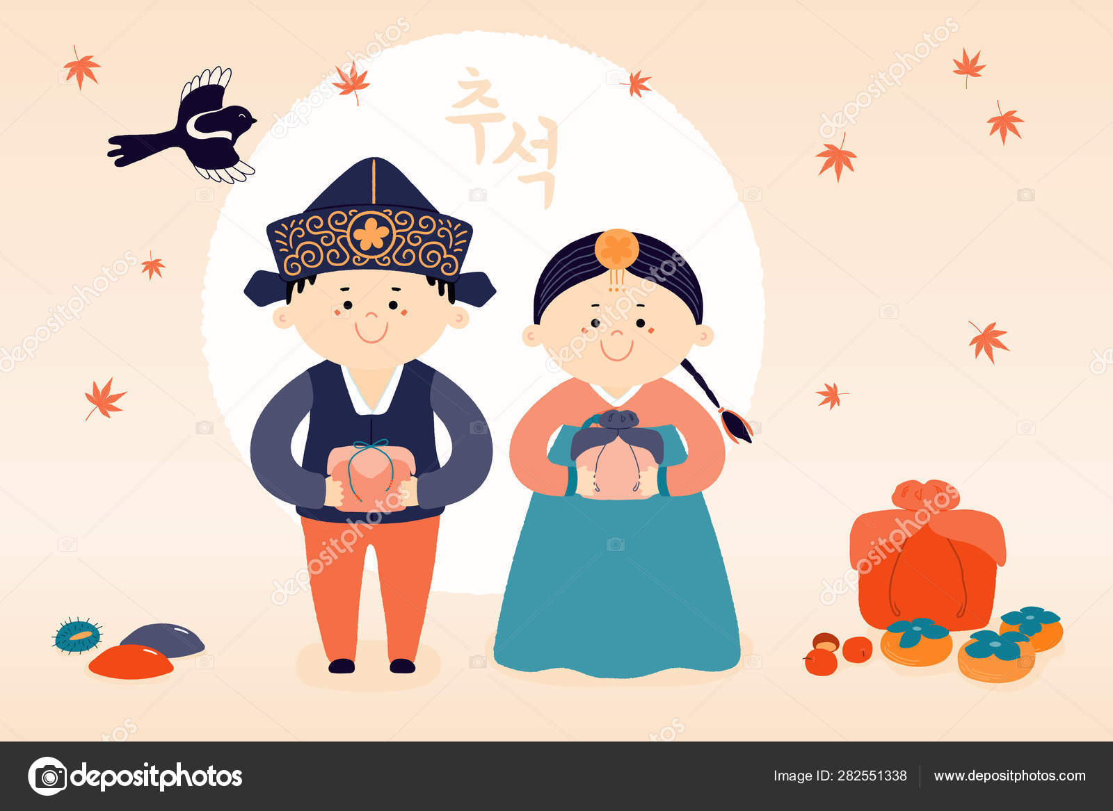 Hand Drawn Vector Illustration Mid Autumn Cute Children Hanboks Full ...