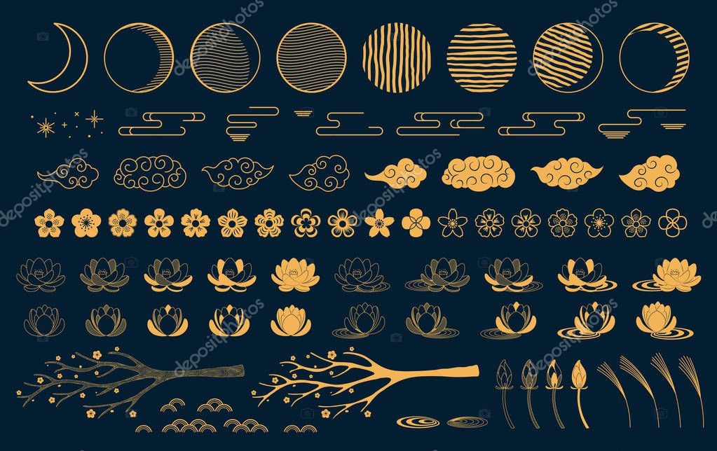 Colecci n de elementos decorativos dorados en estilo oriental con luna y estrellas con nubes y ...