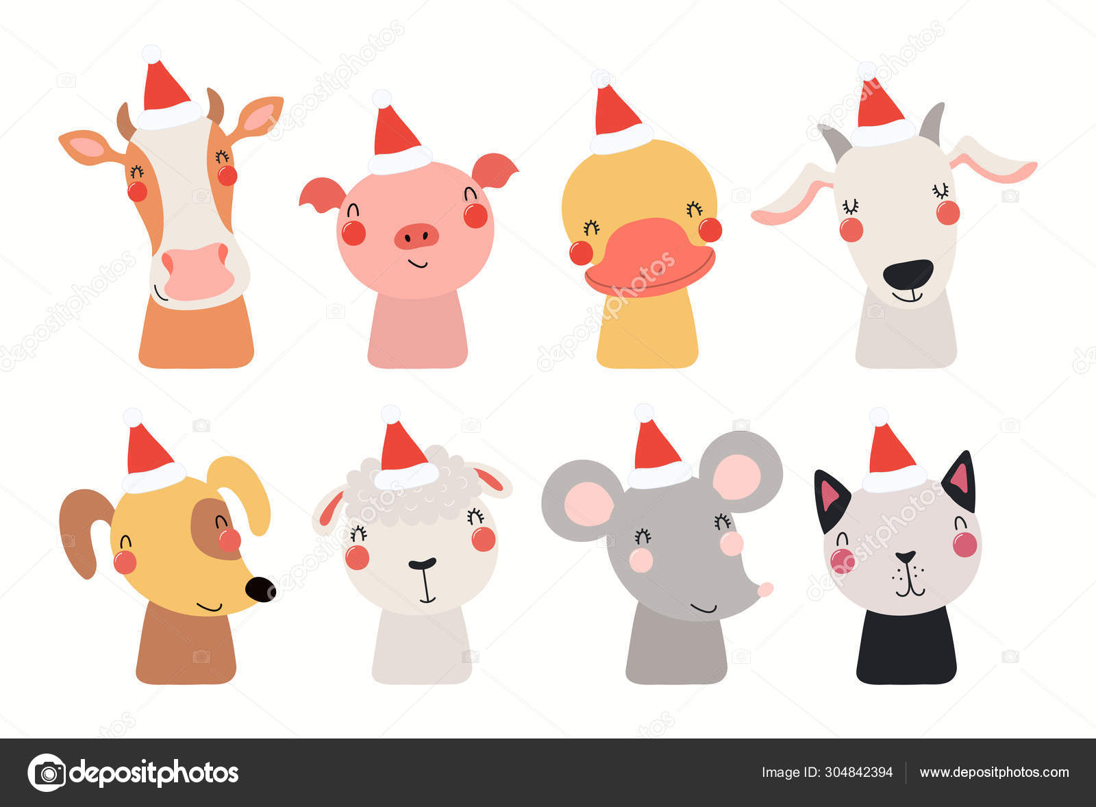 Christmas Set Cute Animals Santa Claus Hats Isolated White Background ...