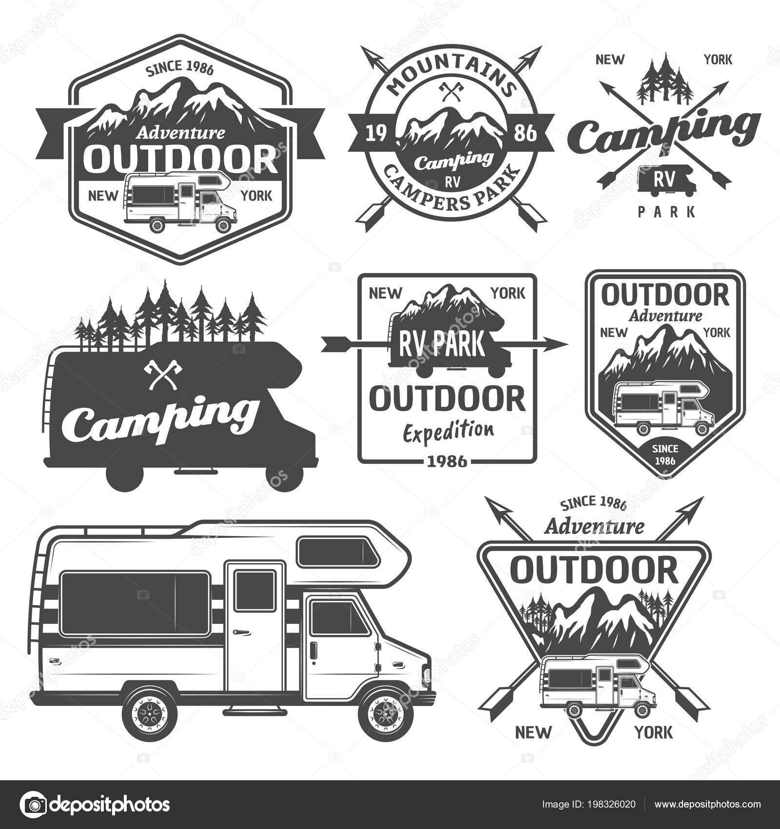 RV camping, outdoor recreation vector emblems Stock Vector Image by ...