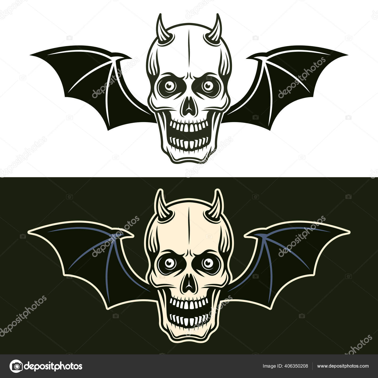 Horned devil skull with bat wings in two styles Stock Vector Image by ...