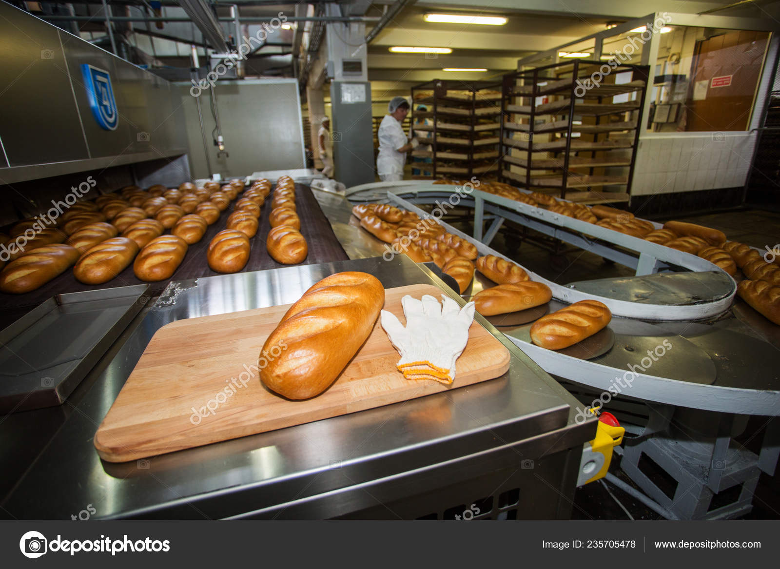 Bread Production Line White Dough Sticks Baked Line Stock Photo by ...