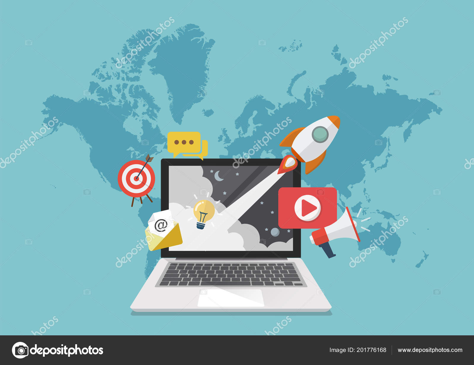 Concepto Marketing Digital Con Fondo Mapa Del Mundo Ilustración ...