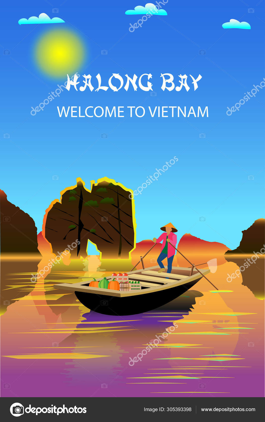 Asian food seller on a boat. Vector drawing on a white background ...
